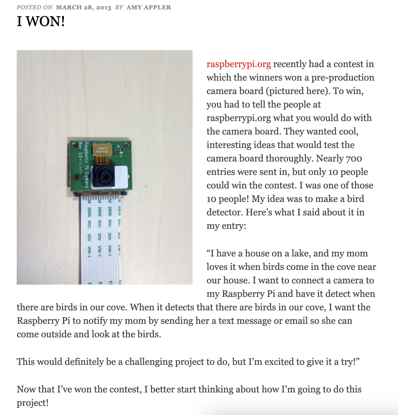 One decade later: young Raspberry Pi camera winner chooses electrical ...